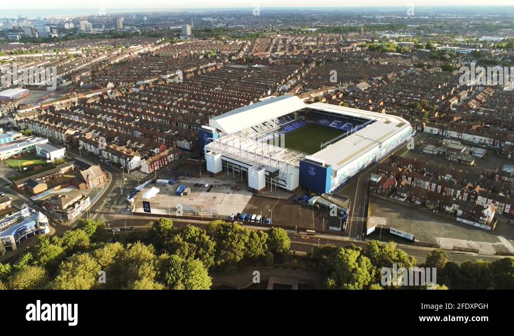 Iconic Goodison Everton EFC football club stadium aerial pull back view ...