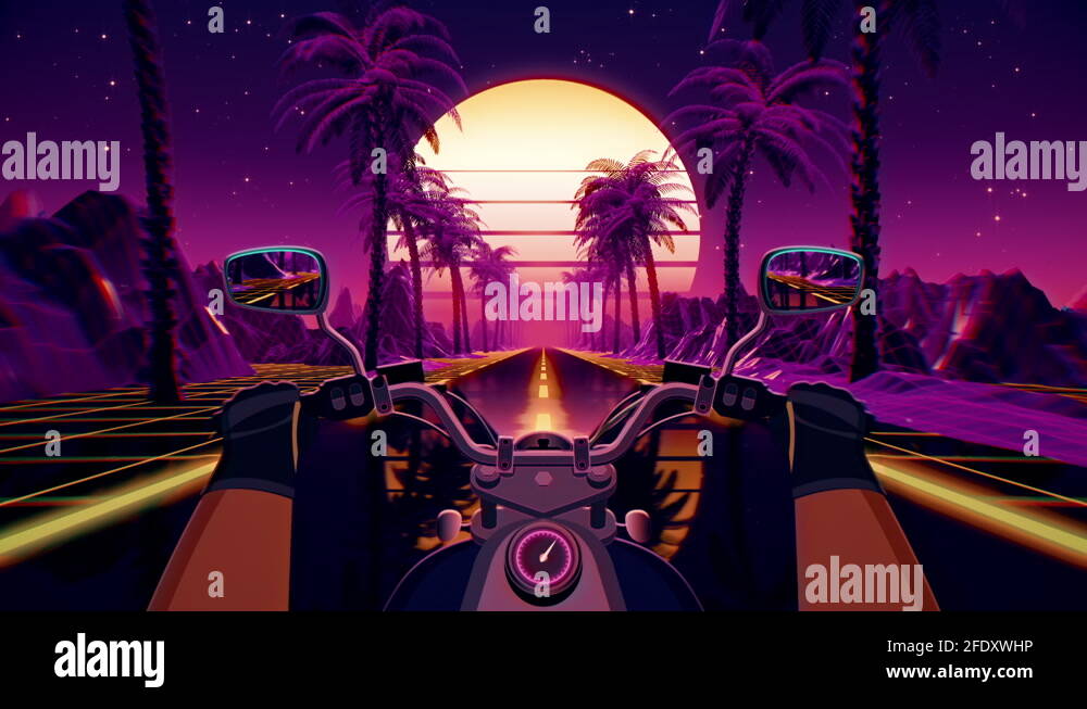 80s retro futuristic sci-fi seamless loop. VJ landscape with motorcycle ...
