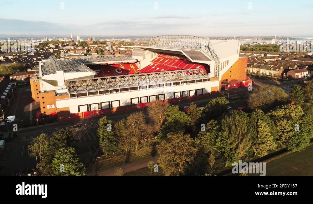 Iconic Anfield Liverpool football club stadium at sunrise aerial Stock ...