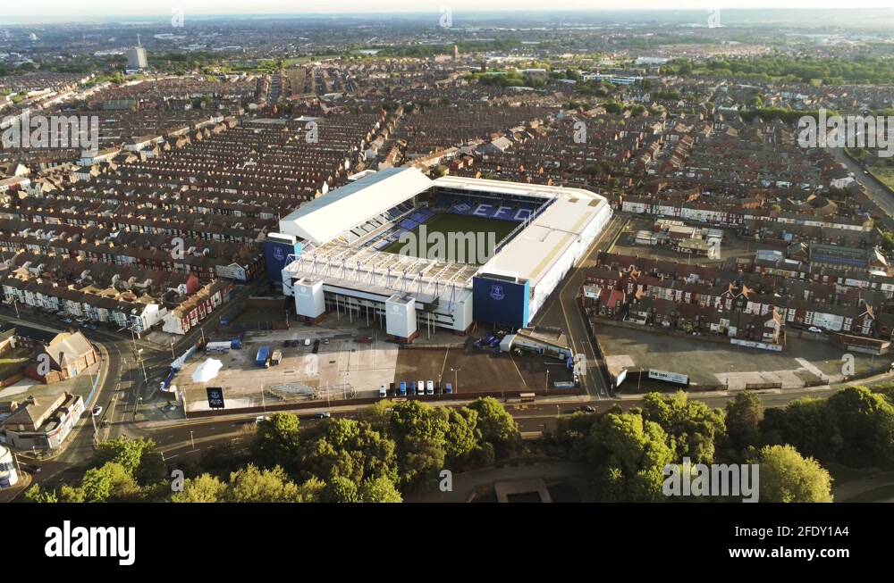 Iconic Goodison Everton EFC football club stadium aerial high orbit ...