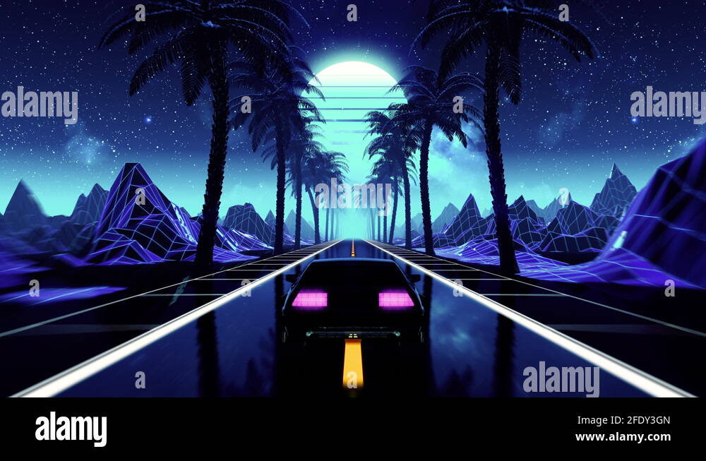 80s retro futuristic sci-fi seamless loop. VJ landscape with vintage ...