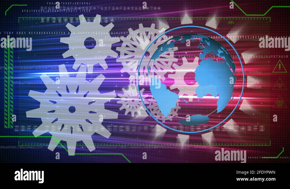 Animation of cogs working with globe spinning and scope scanning on ...