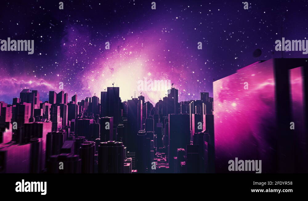 Retro futuristic city flythrough seamless loop. 80s sci-fi landscape in ...