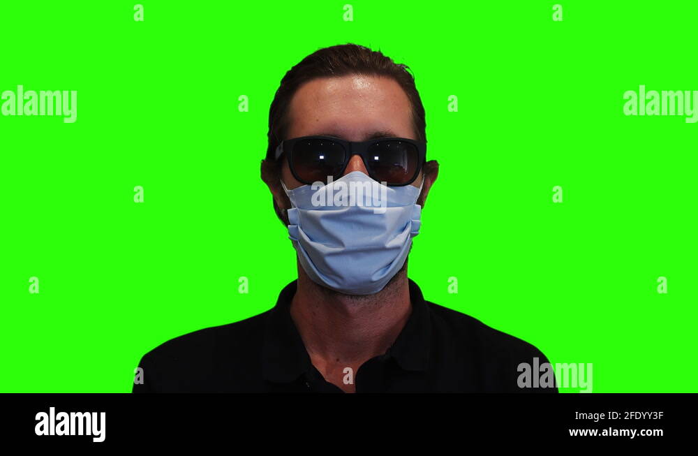 Protective Face Mask Man With Sunglasses On Green Screen Background ...