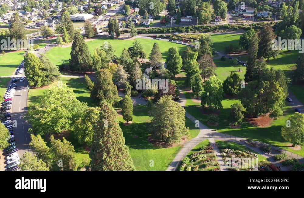 Drone footage of the Point Defiance Rose Garden, park, pond with ...