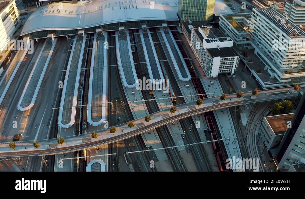 Drone top down view over big empty train station of Utrecht central ...