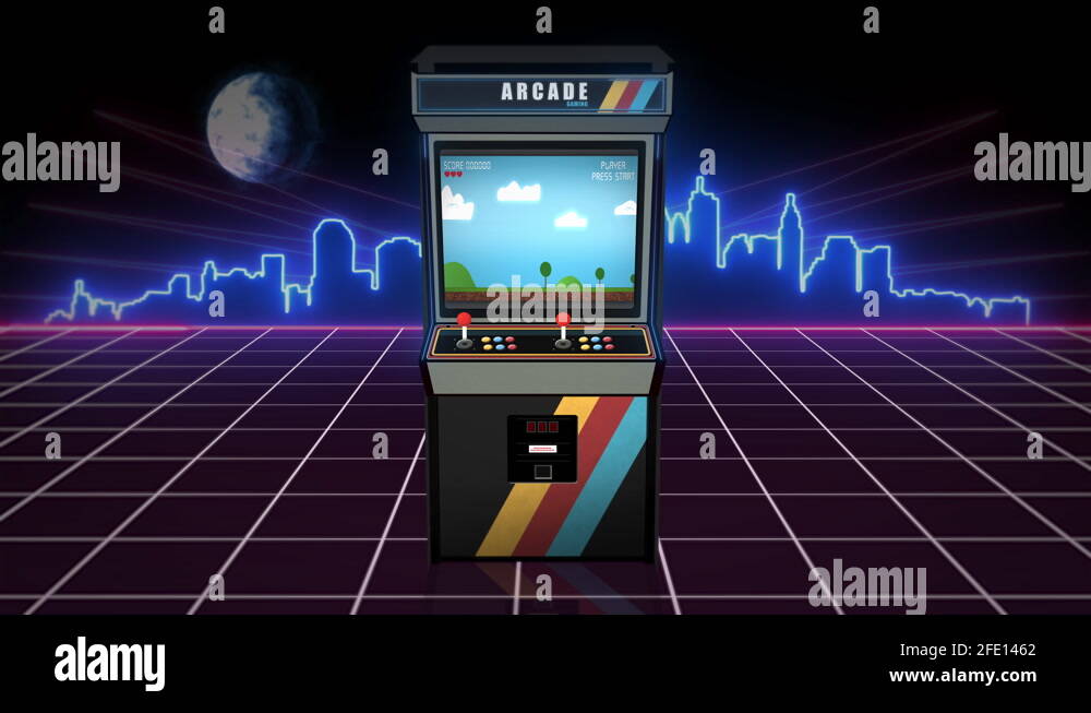 Retro arcade machine with a classic game and glowing city skyline in ...