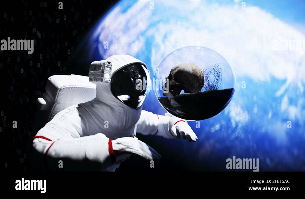 Astronaut and human skull in outer space in glass sphere. Apocalypse ...