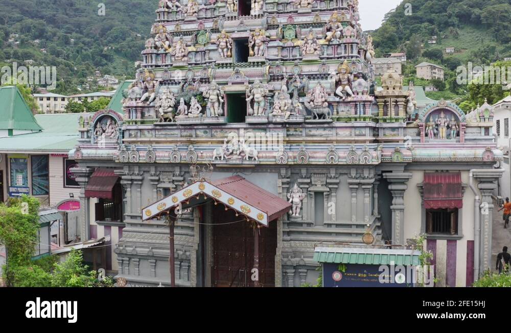 Facade of Hindu temple in Victoria city, Mahe island, Seychelles Stock ...