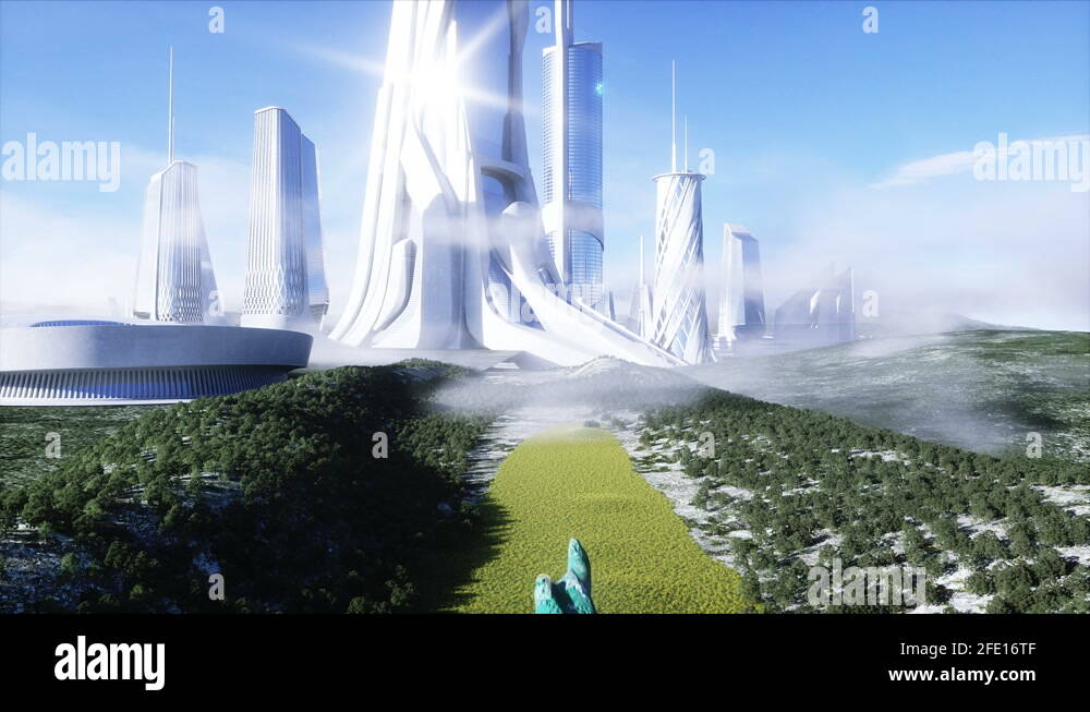 futuristic city and statue of liberty. Future concept. Aerial view ...