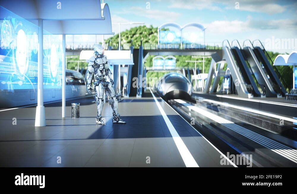 Robot on the Sci Fi railway futuristic station. Future concept. Aerial ...