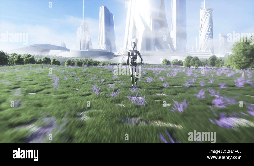 Female robot walks grass field . Sci fi city background. Concept of ...