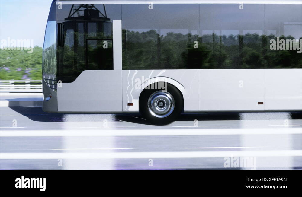 3d model of passenger bus very fast driving on the highway. Futuristic ...