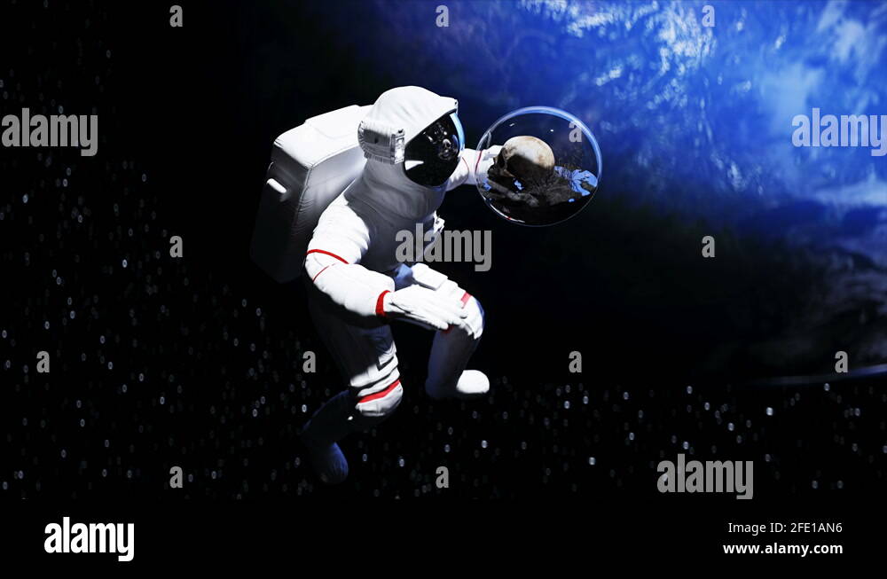 Astronaut and human skull in outer space in glass sphere. Apocalypse ...