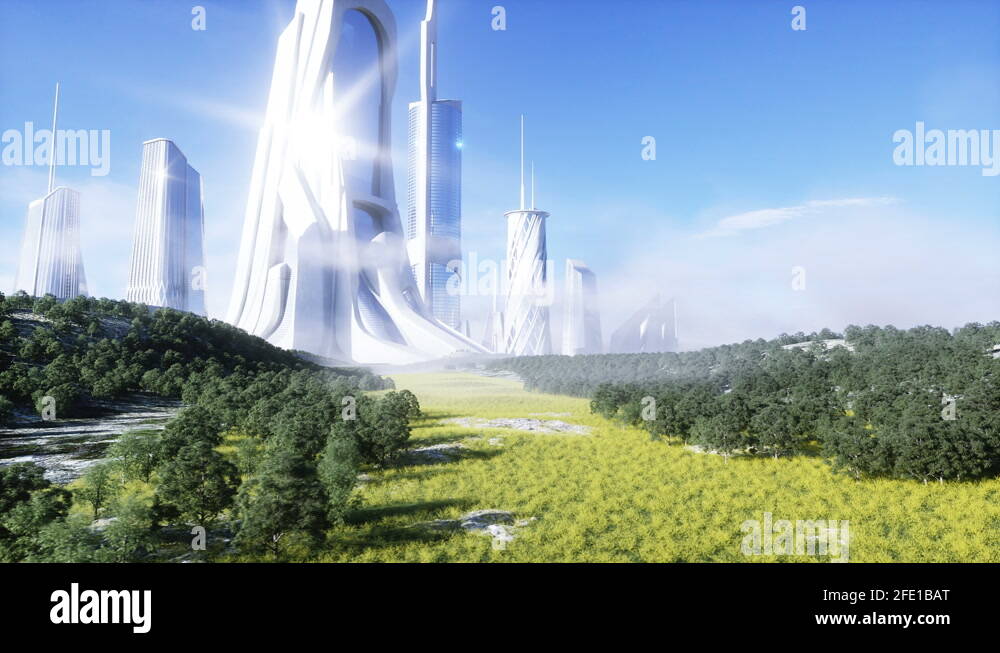 futuristic city. Future concept. Aerial view. Realistic 4k animation ...
