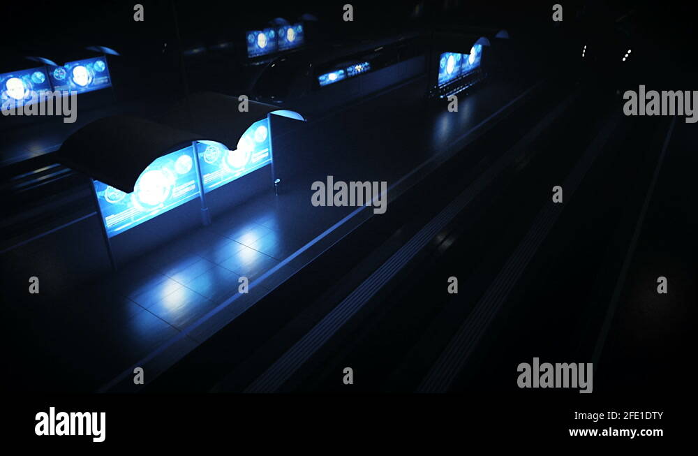 Sci Fi railway futuristic station. Future concept. Night view ...