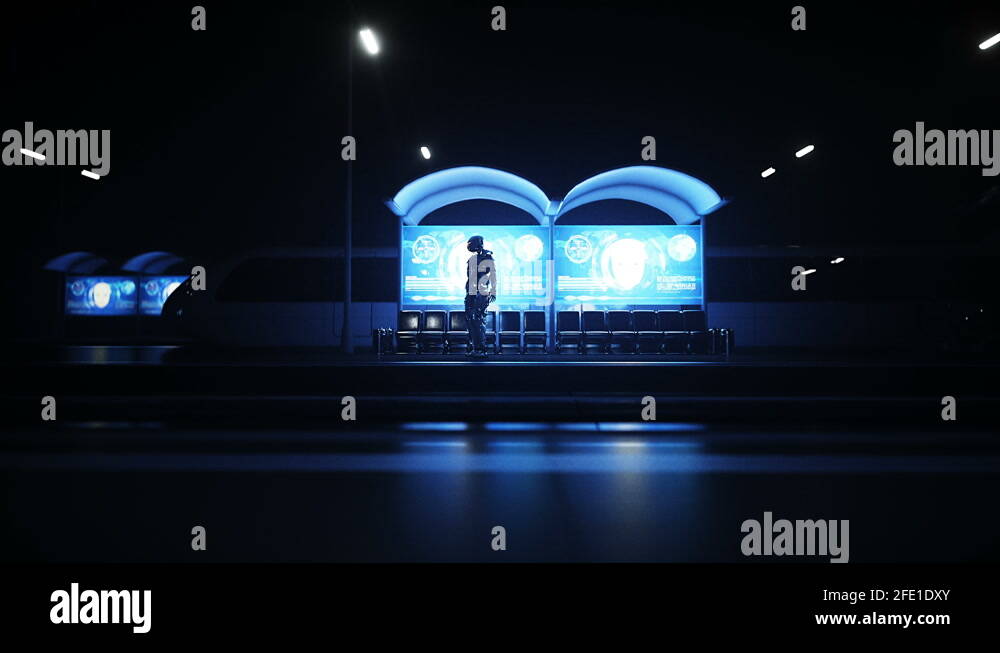 Robot on the Sci Fi railway futuristic station. Future concept. Aerial ...