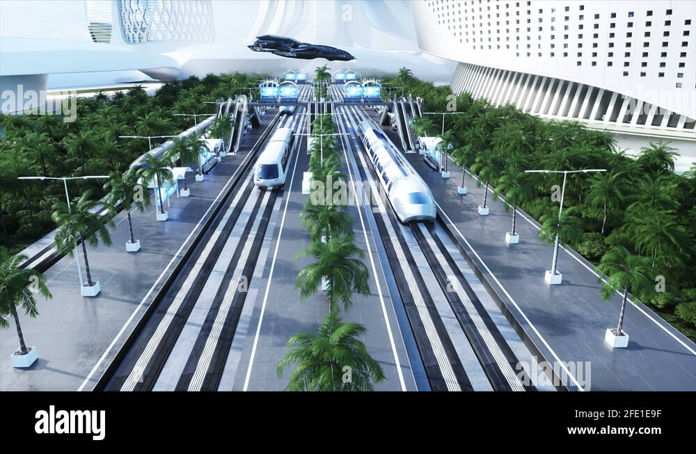 Sci Fi railway futuristic station. Future concept. Dinamyc trees ...