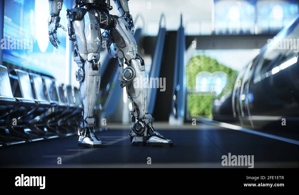 Robot on the Sci Fi railway futuristic station. Future concept. Aerial ...