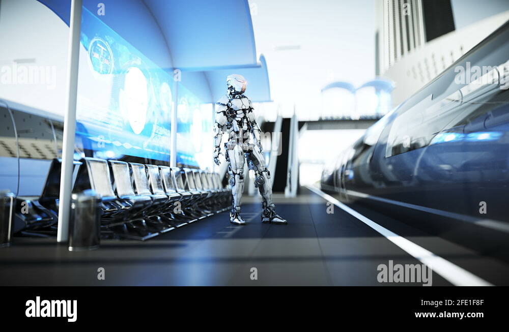 Robot on the Sci Fi railway futuristic station. Future concept. Aerial ...