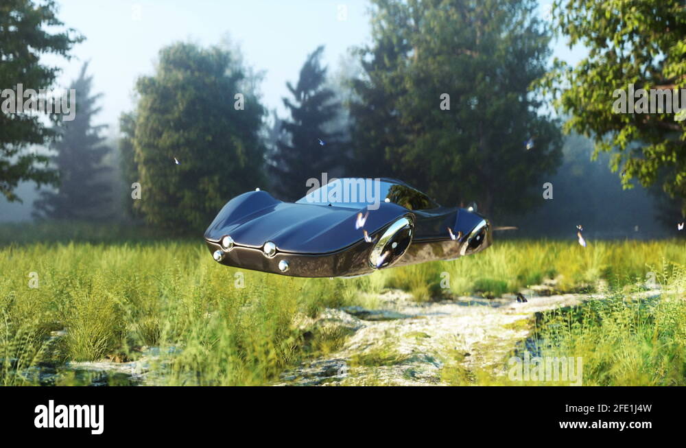 Futuristic flying car in forest. Concept of future. Realistic 4k ...