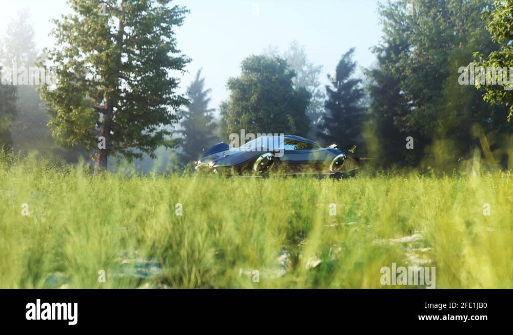 Futuristic flying car in forest. Concept of future. Realistic 4k ...