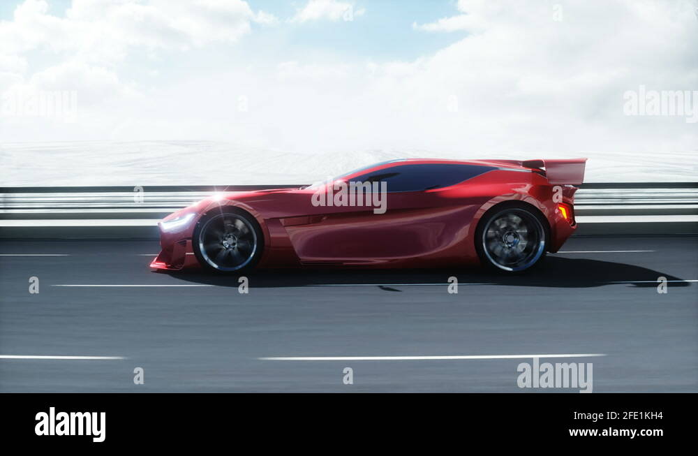 3d model of futuristic red electric car on highway. Very fast driving ...