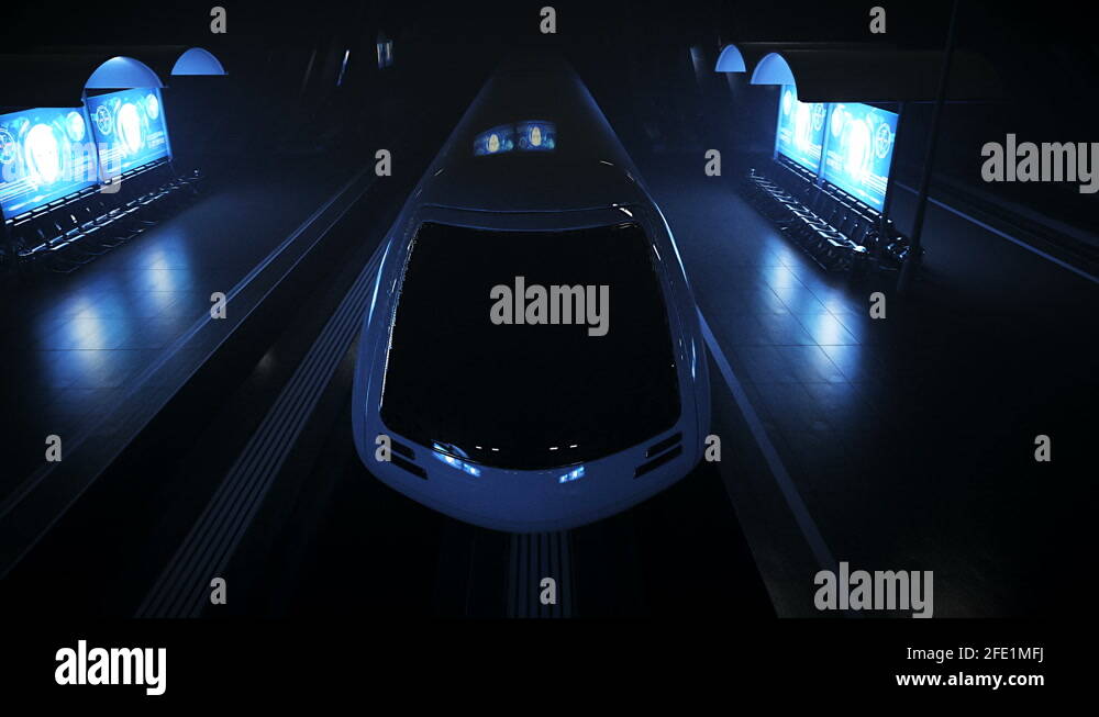 Sci Fi railway futuristic station. Future concept. Night view ...