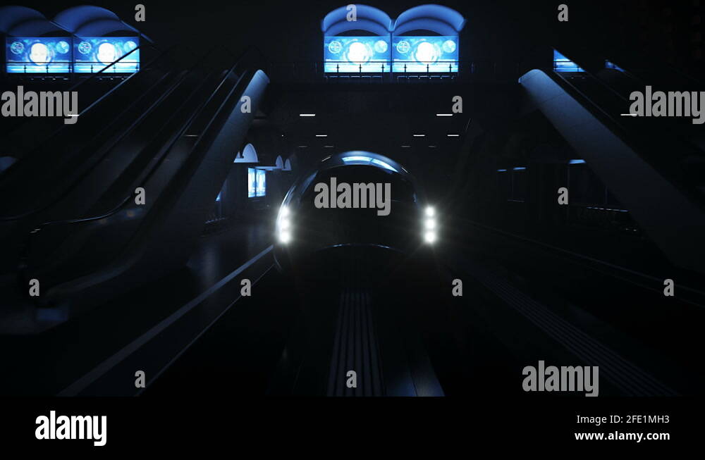 Sci Fi railway futuristic station. Future concept. Night view ...