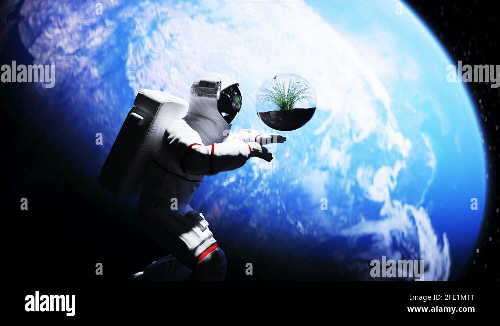 Astronaut and grass in glass sphere in outer space. Ecology concept. 3d ...
