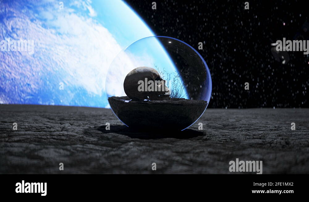 human skull in outer space in glass sphere. Apocalypse ecology concept ...