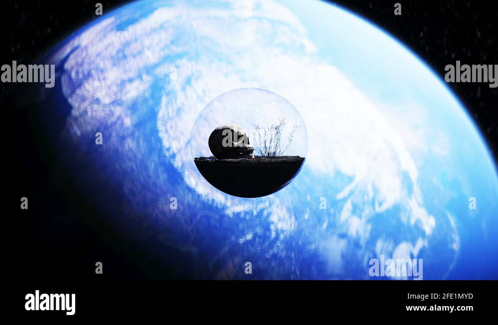human skull in outer space in glass sphere. Apocalypse ecology concept ...