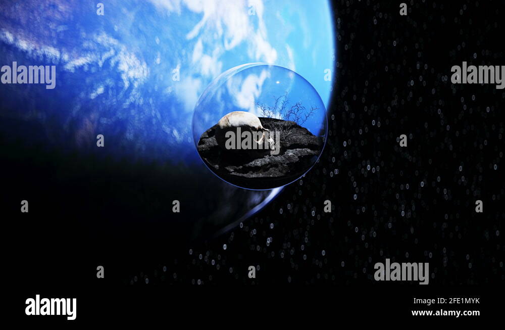 human skull in outer space in glass sphere. Apocalypse ecology concept ...