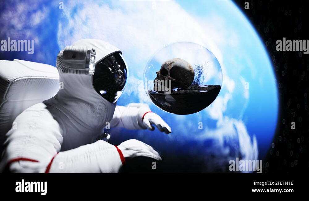 Astronaut and human skull in outer space in glass sphere. Apocalypse ...