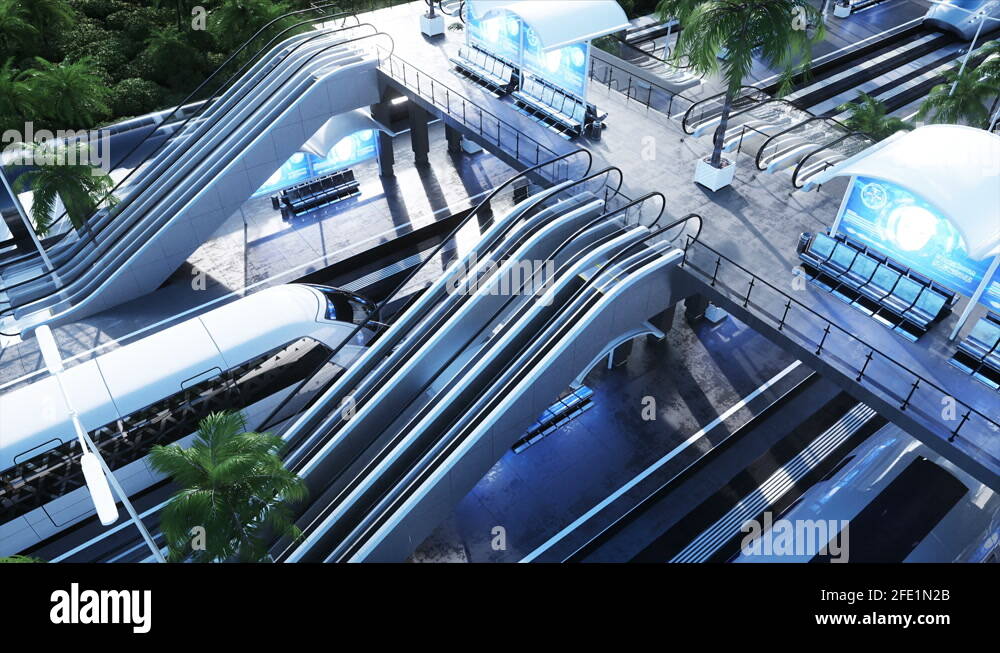 Sci Fi railway futuristic station. Future concept. Dinamyc trees ...