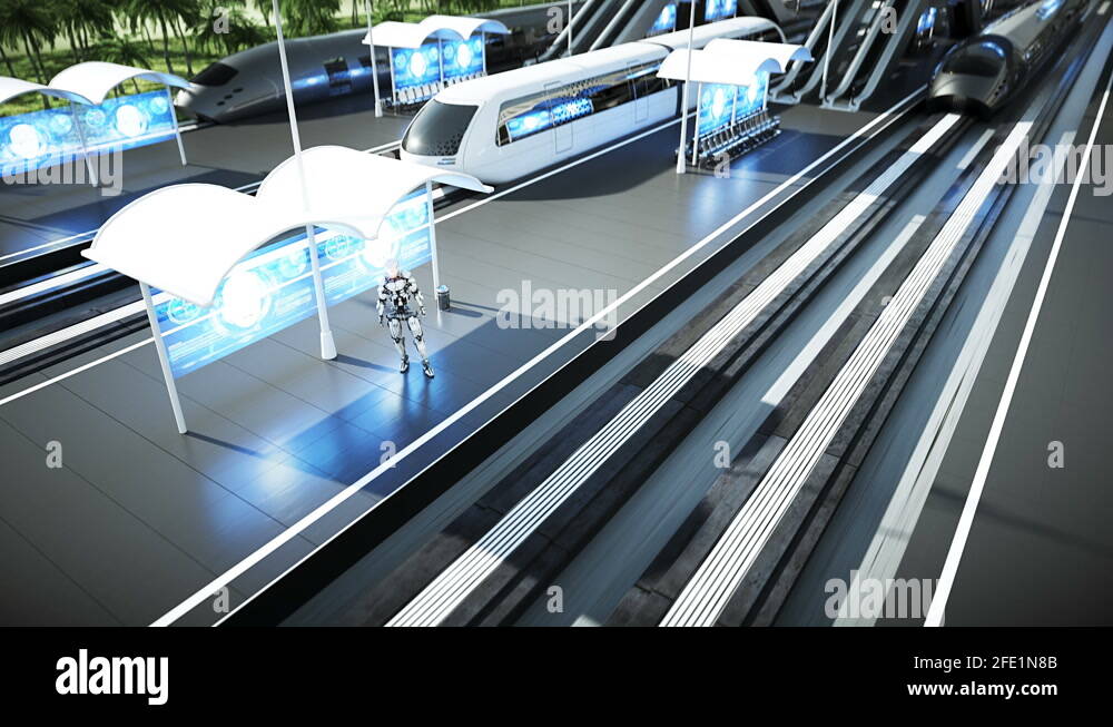 Robot on the Sci Fi railway futuristic station. Future concept. Aerial ...