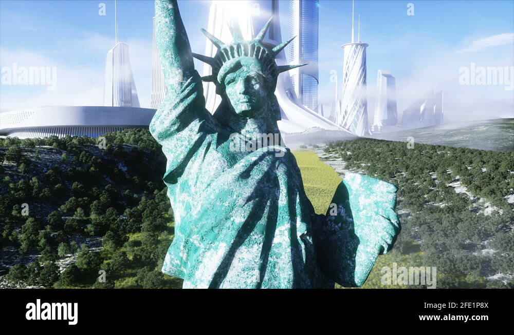 futuristic city and statue of liberty. Future concept. Aerial view ...