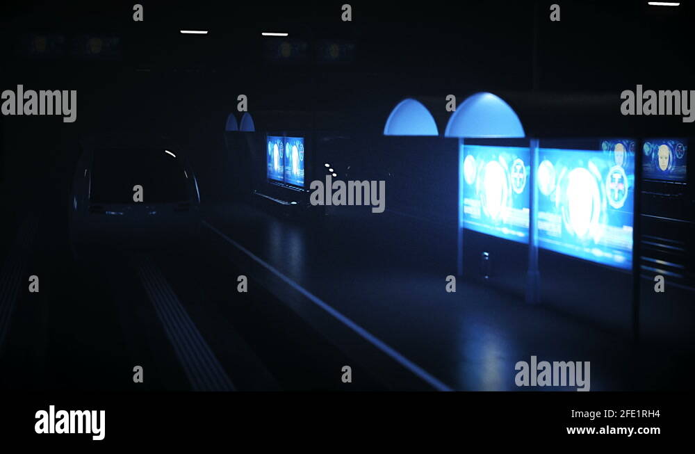 Sci Fi railway futuristic station. Future concept. Night view ...