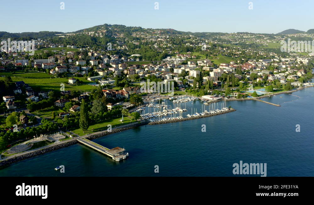 Lateral Aerial View Of The Stunning Port De Pully In Lavaux ...