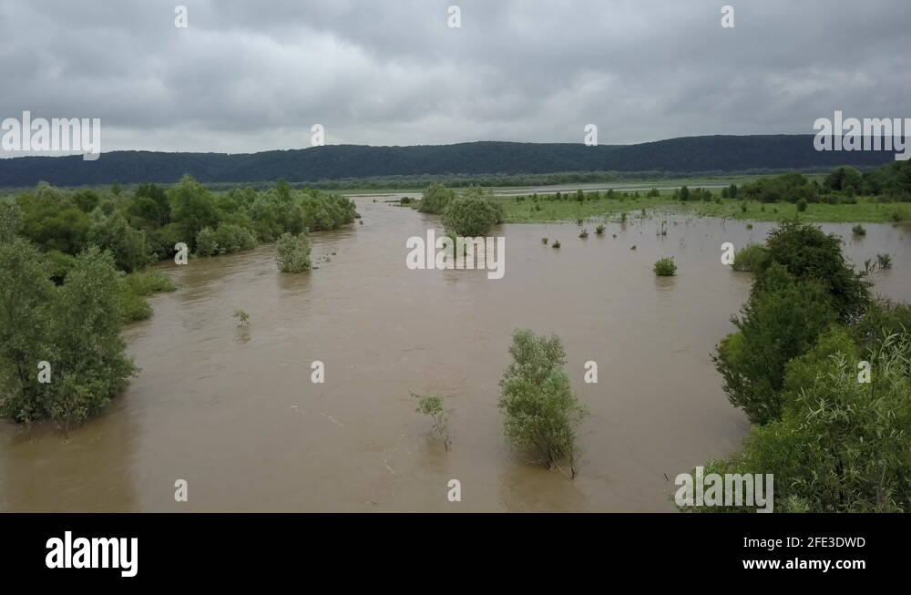 flooded road heavy rain flooding taken during drone flight overflowing ...