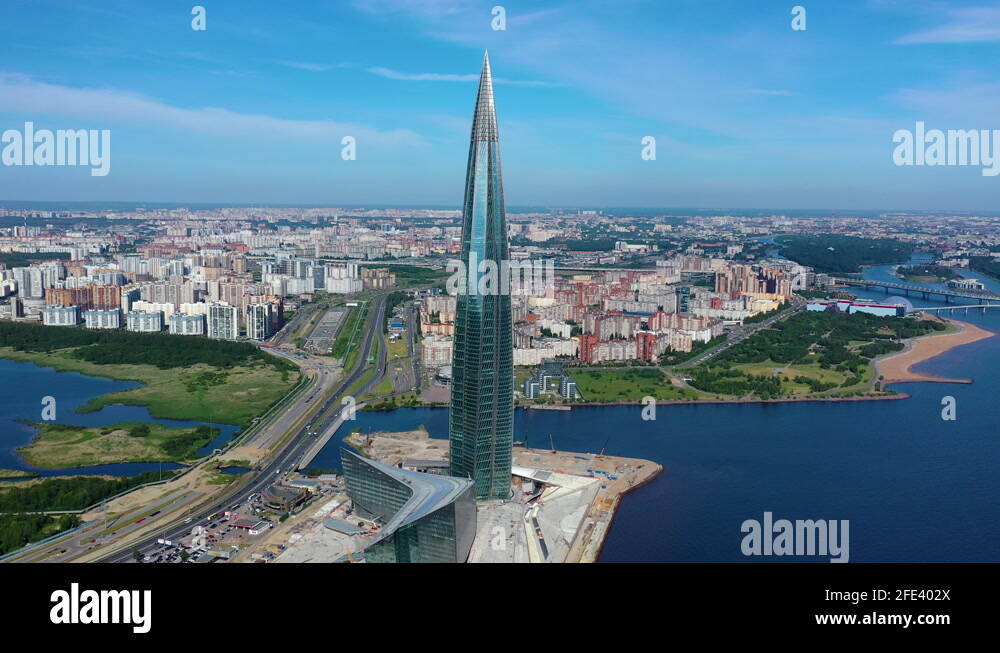 Drone rotating tracked wide view of the Lakhta Center building and ...