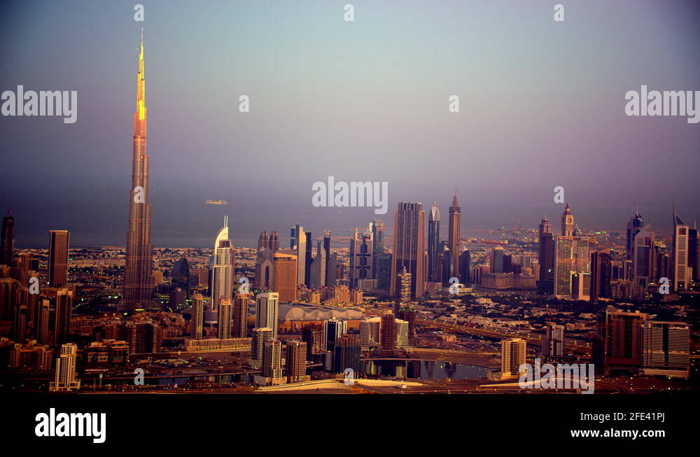 Helicopter view of Burj Khalifa in the beautiful city of Dubai UAE's ...