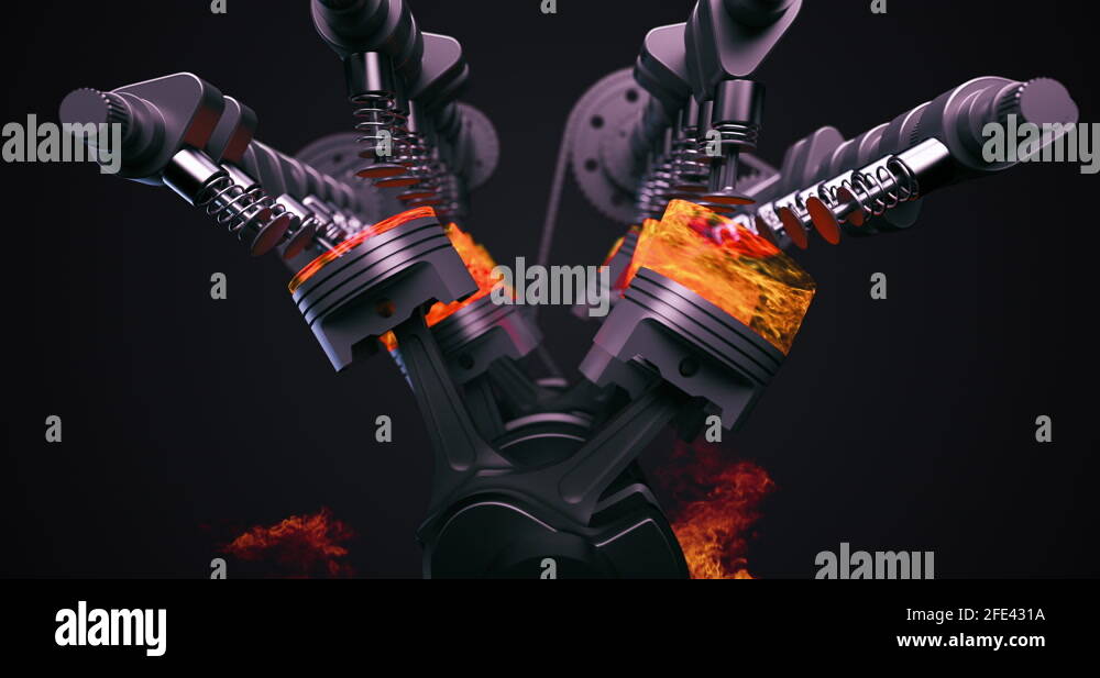 Powerful V8 Engine With Moving Pistons And Crankshaft With Flames Stock ...