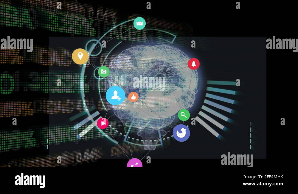 Web of connections icons over 3D human brain model against data ...