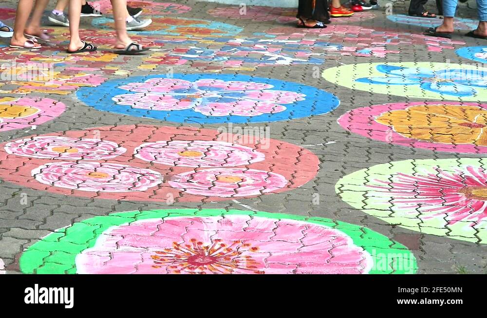 Paving bricks floor walk way was paint color flower Stock Video Footage ...