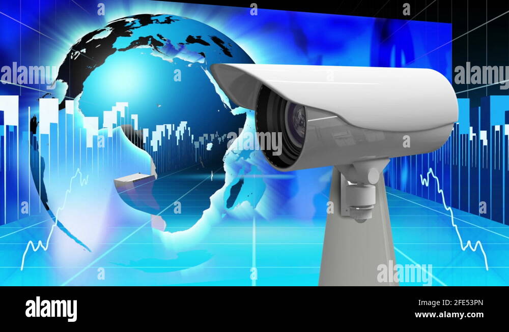 CCTV camera moving against dollar sign inside globe spinning and data ...