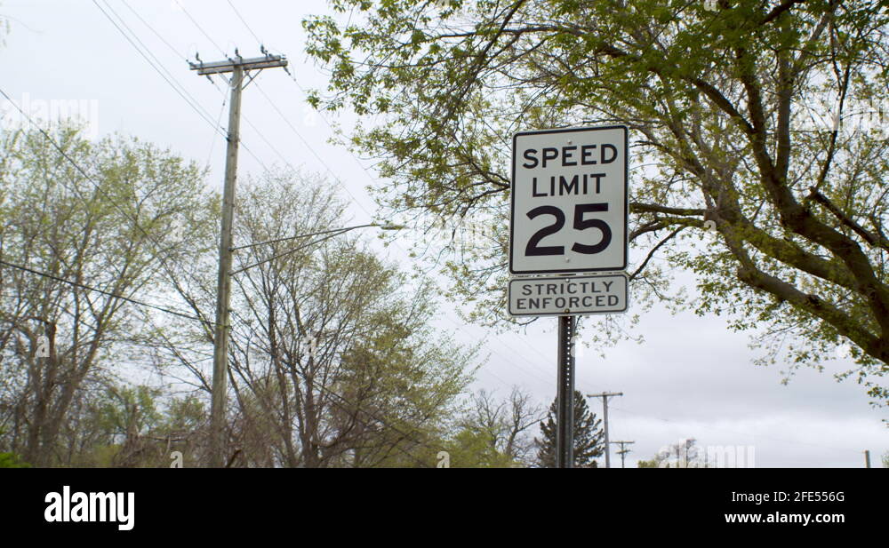 Speed limit sign with power lines and trees above it in a Low Angle and ...