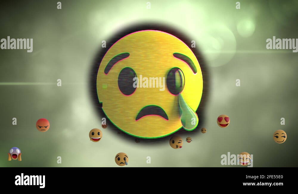 Crying face emoji against face emojis falling in background Stock Video ...