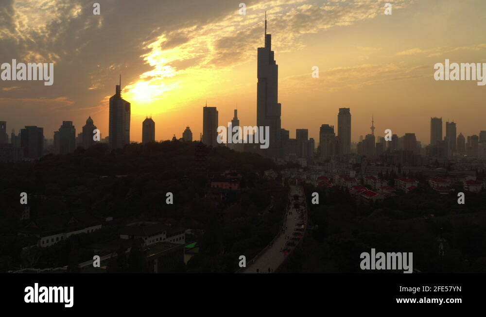 sunset nanjing downtown cityscape crowded wall top aerial panorama 4k ...