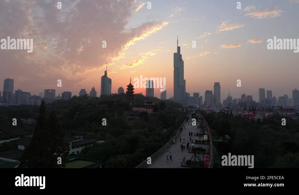 sunset nanjing downtown cityscape crowded wall aerial panorama 4k china ...